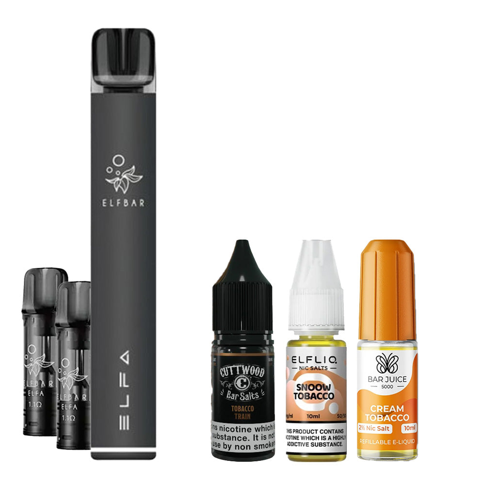 A Tobacco flavour ELFA Pro Vape Kit Bundle. Includes 3 x Tobacco e ...